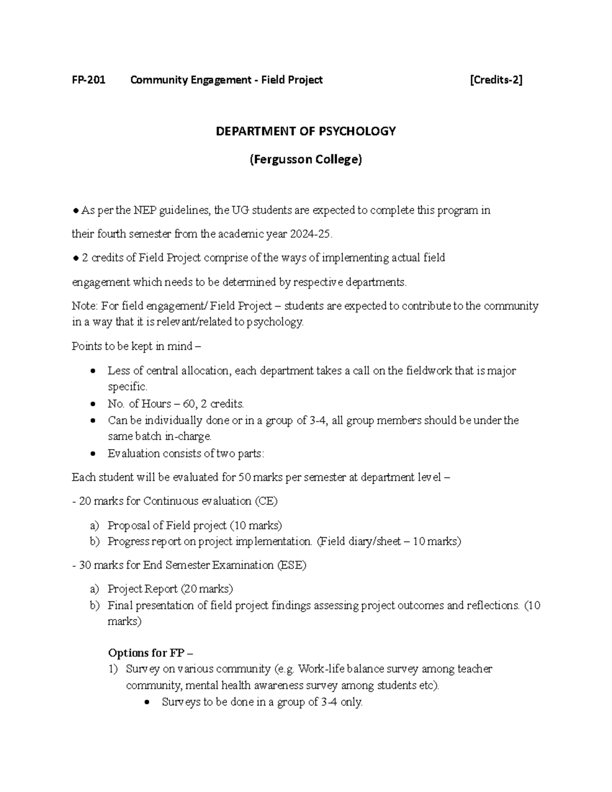 Community Engagement Field Project Guidelines - PSY 4th Sem - Studocu