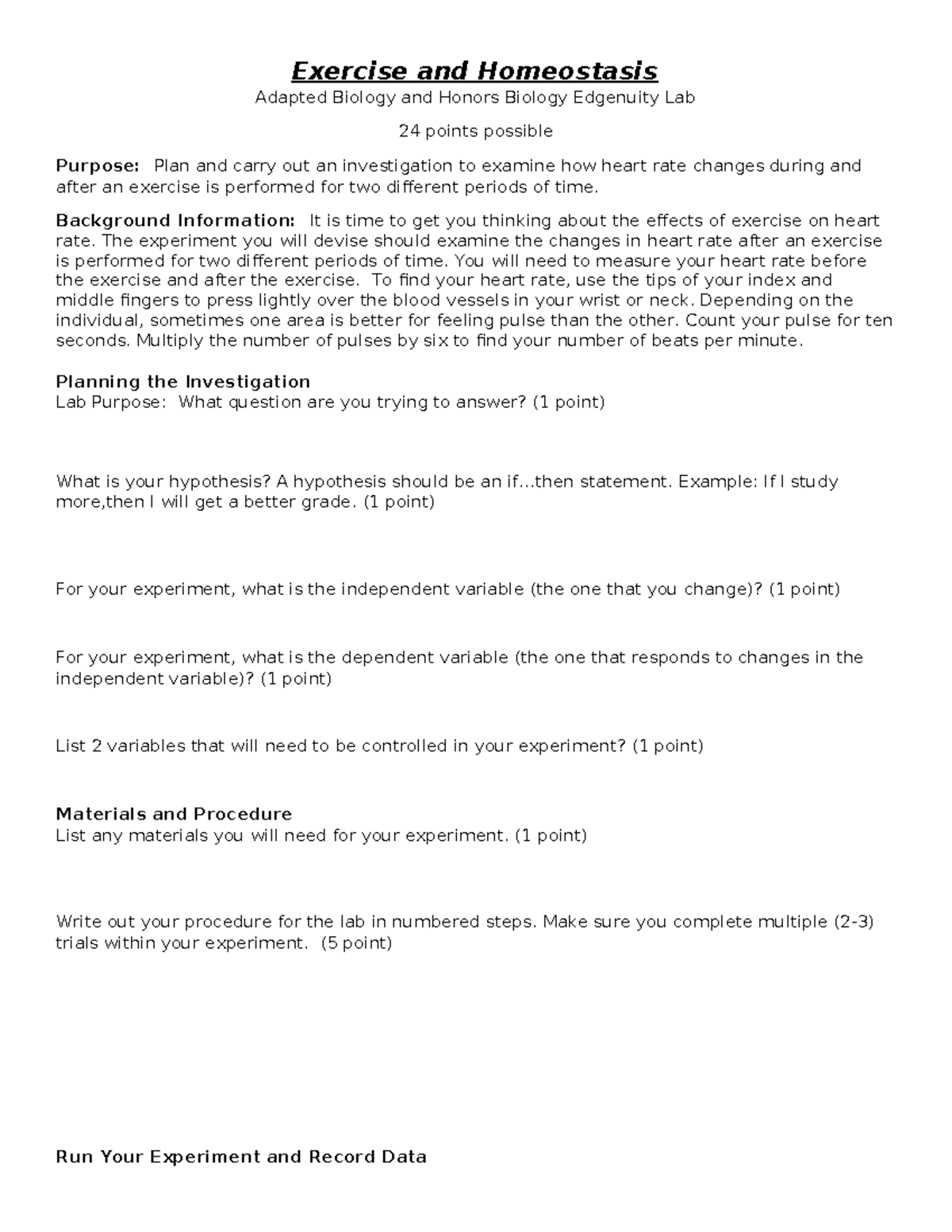 Exercise & Homeostasis Lab Report Template (Biology Lab) - Studocu