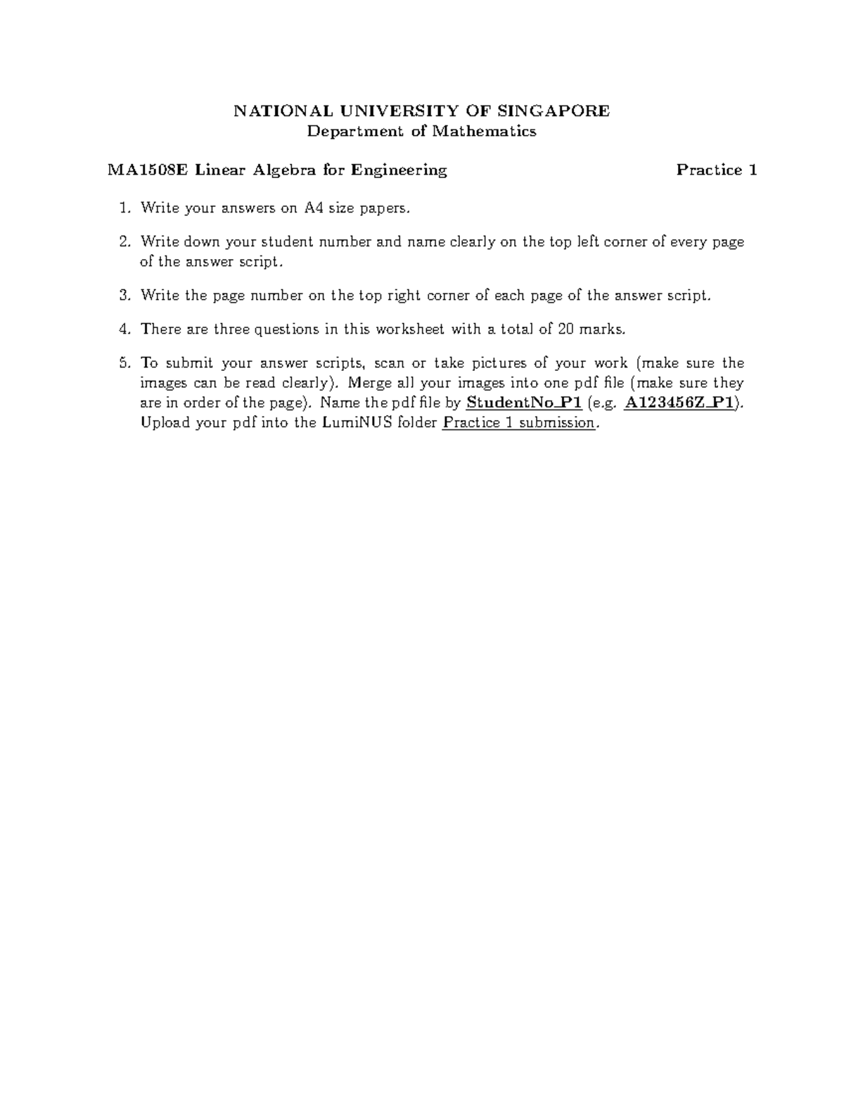 MA1508E Linear Algebra for Engineering Practice 1: AY2122 Sem2 Homework ...