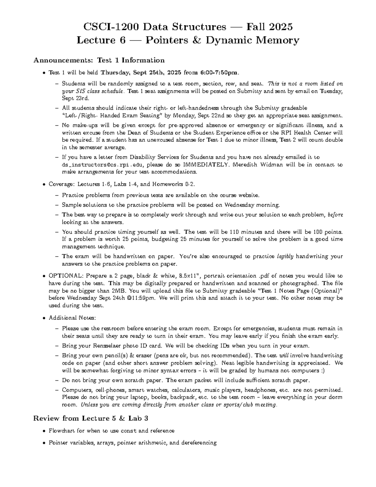CSCI-1200 Fall 2025 Lecture 6: Pointers & Dynamic Memory Notes - Studocu