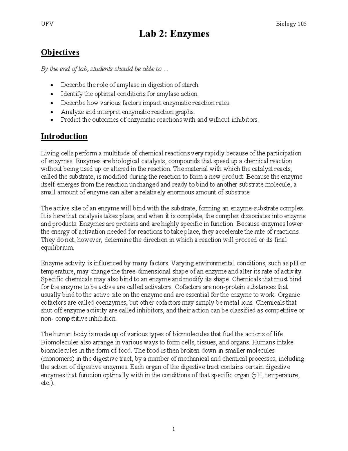 Lab 2: Enzymatic Processes with Amylase in BIOL105 S2022 - Studocu