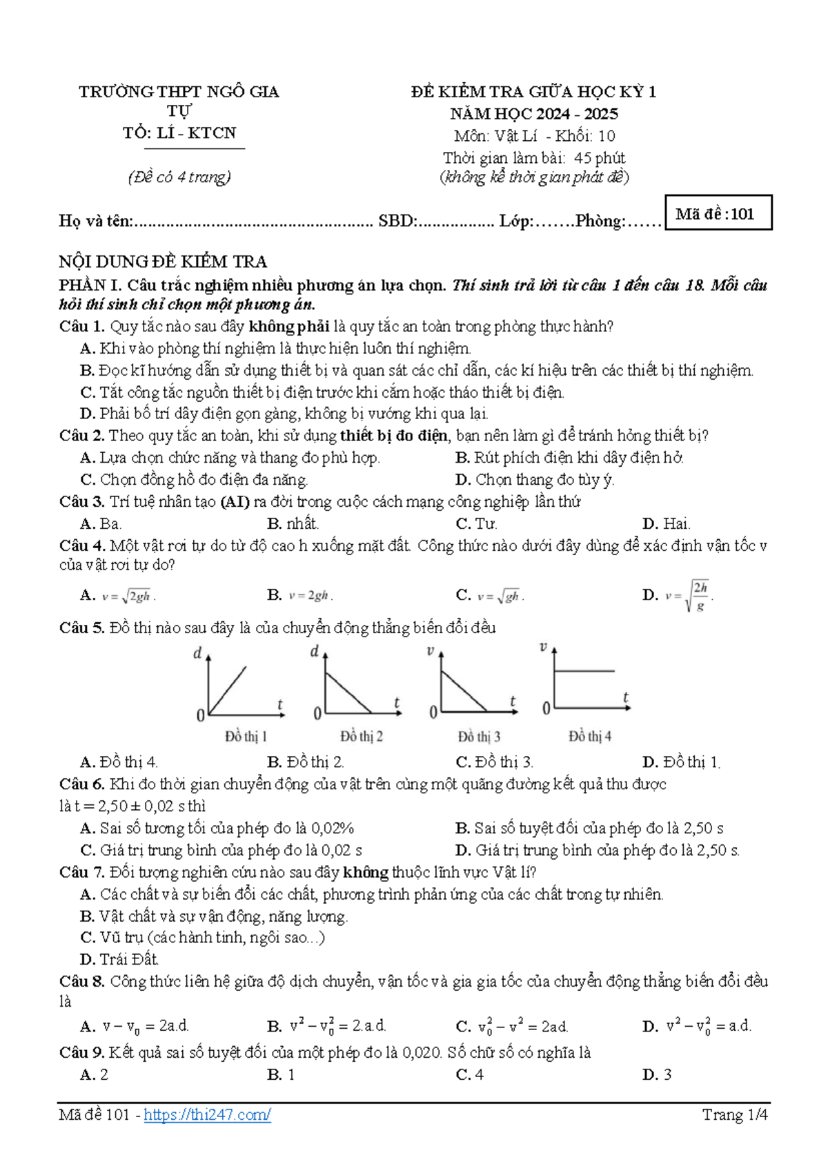 ĐỀ KIỂM TRA GIỮA HỌC KỲ 1 NĂM HỌC 2024-2025 Môn Vật Lí Khối 10 Mã đề ...