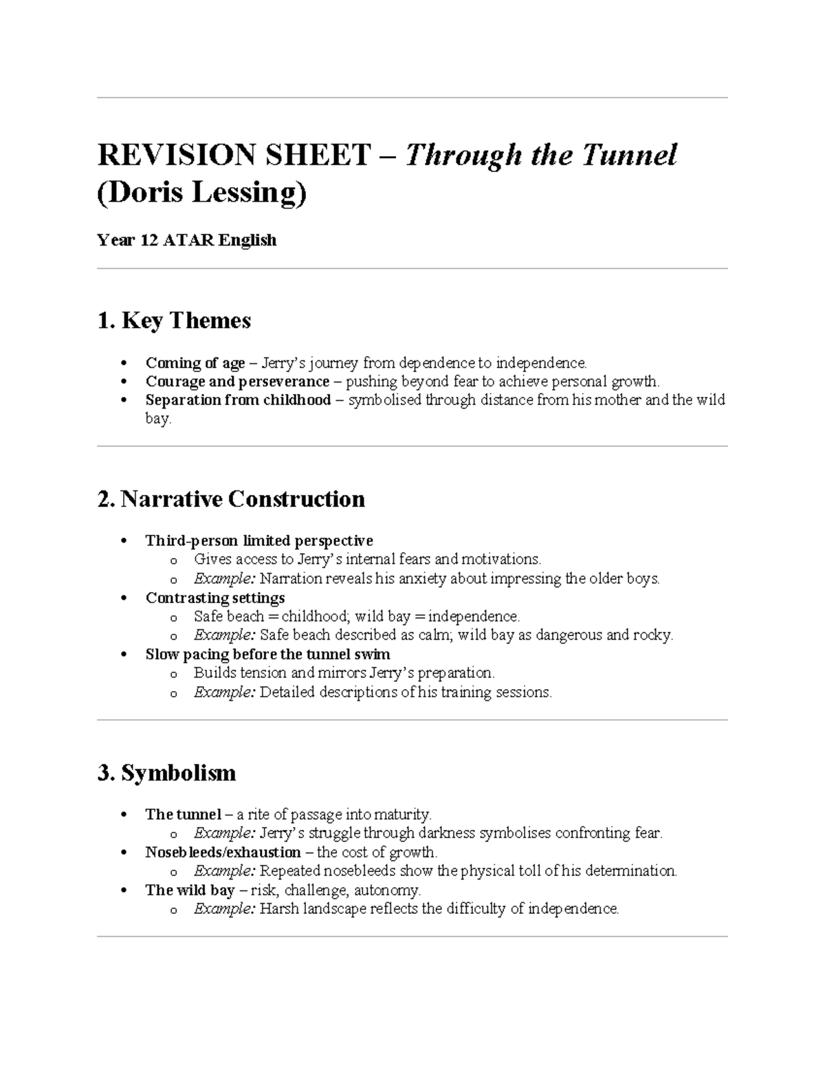 Revision Sheet for "Through the Tunnel" - Year 12 ATAR English - Studocu