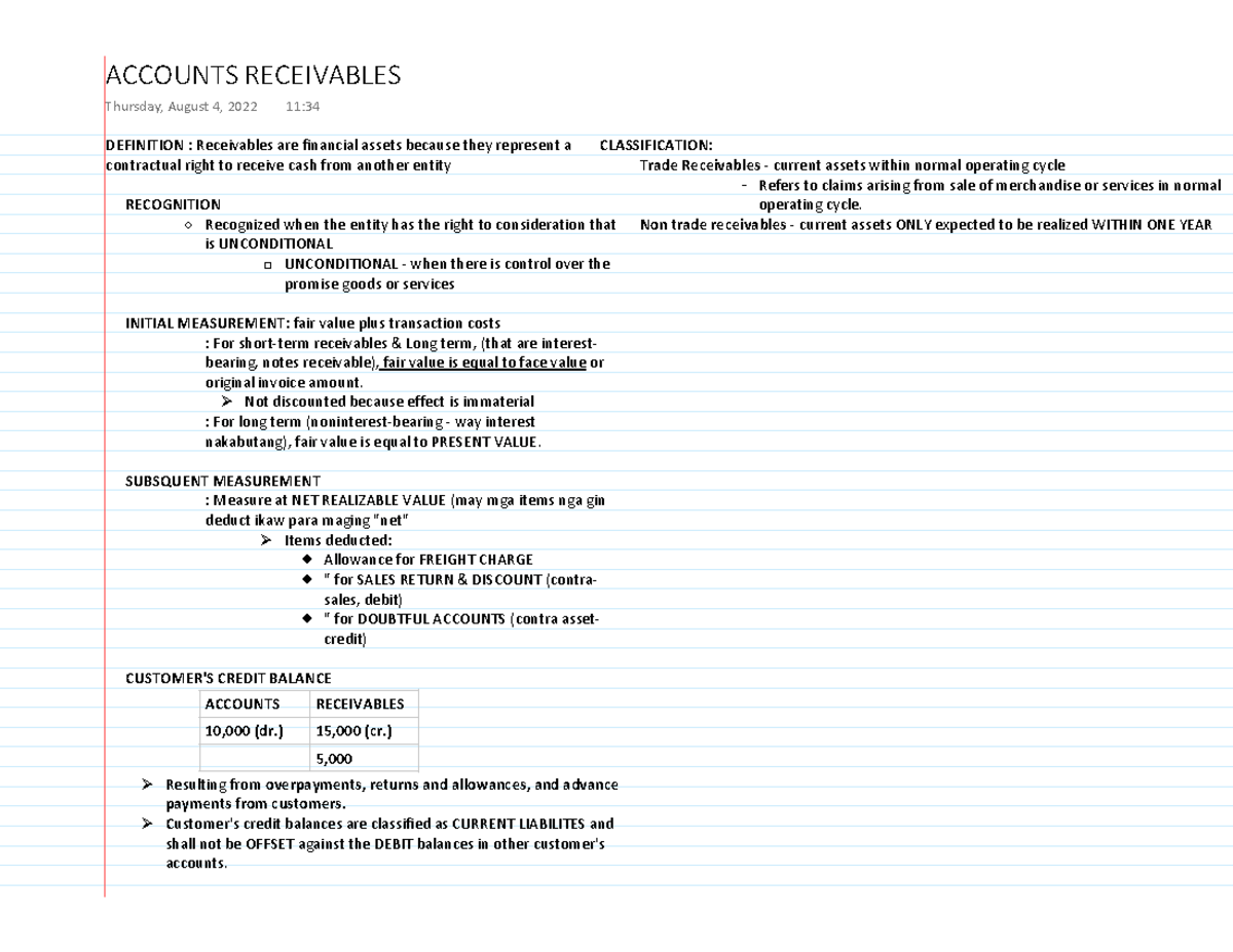 Accnts Rcvbles: Key Notes and Summary for Review - Studocu