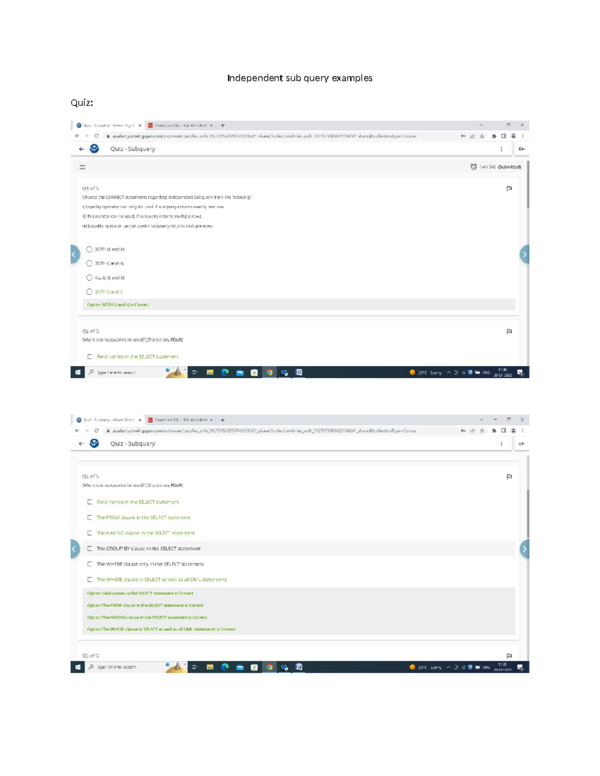 DBMS Tutorial 7: Independent and Correlated Subquery Examples - Studocu
