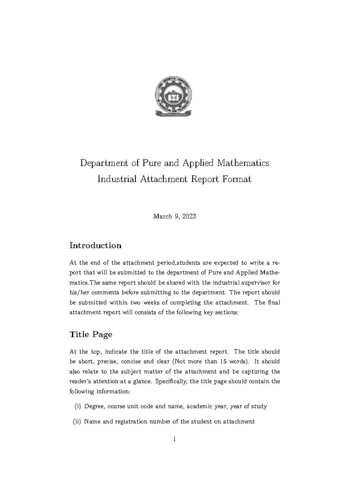 Industrial Attachment Report Format for Pure & Applied Math - Studocu