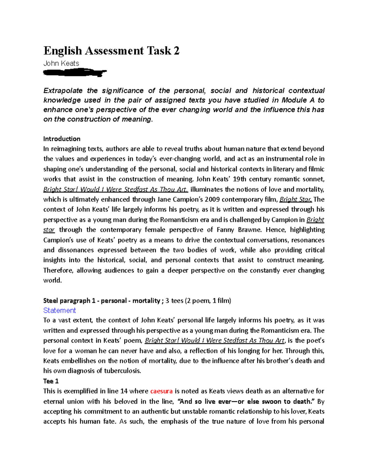 English Assessment Task 2 - Module A John Keats/Bright Star - English ...