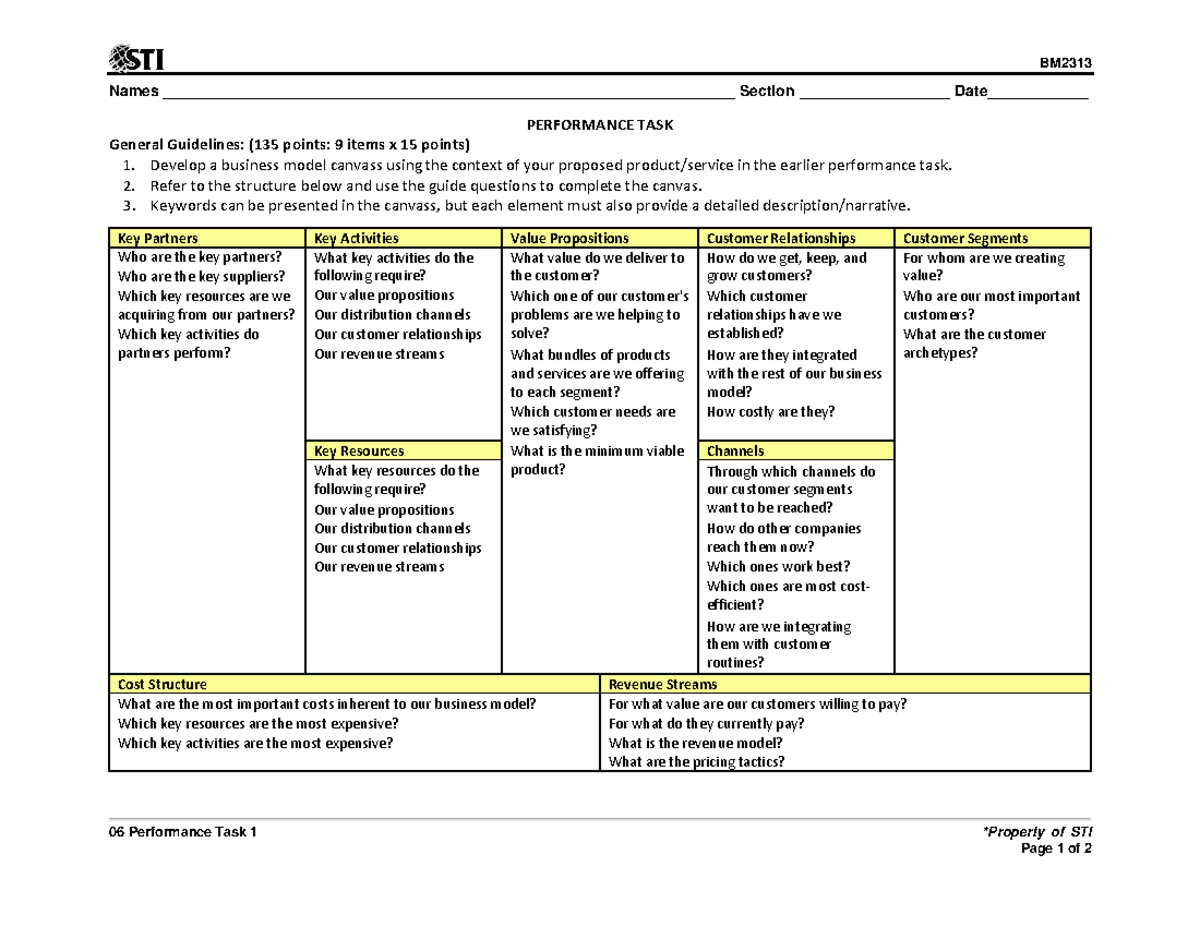 BM2313 Performance Task 1: Business Model Canvas Guidelines - Studocu