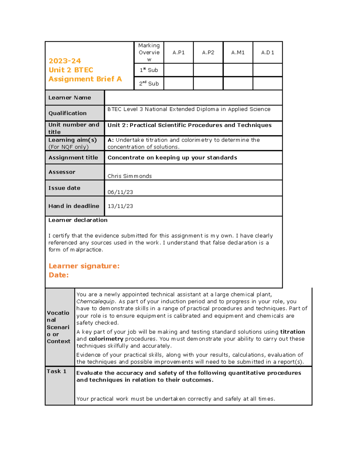 BTEC Level 3 Unit 2 Assignment: Titration & Colorimetry Techniques - Studocu