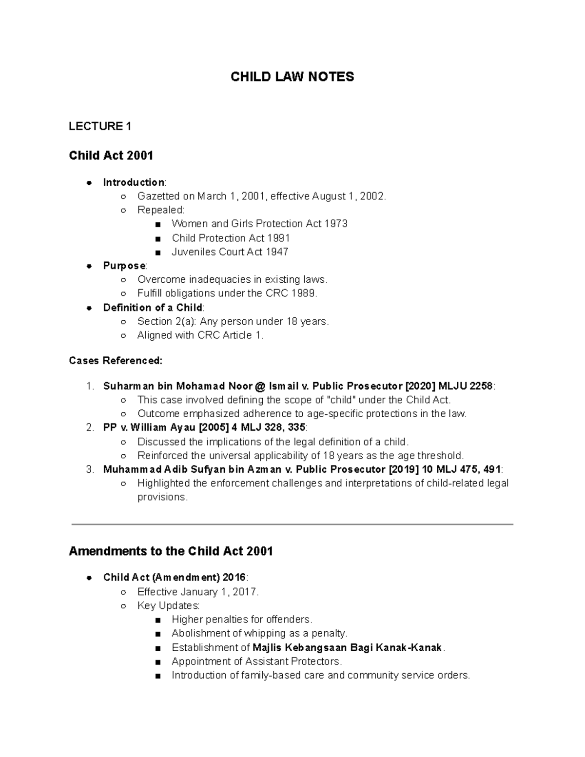 Child LAW Lecture Notes: Key Aspects of Child Act 2001 & CRC - Studocu