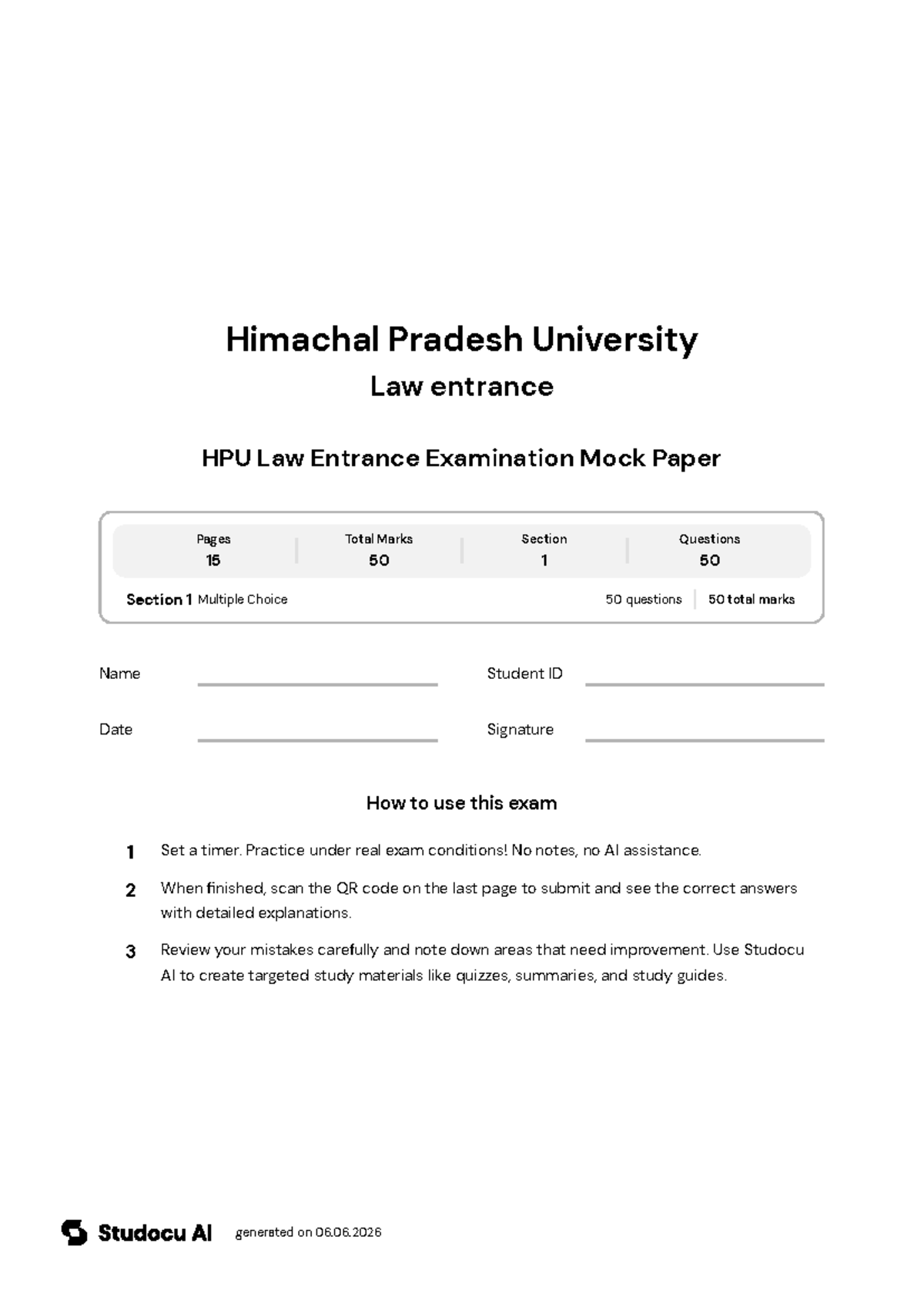 HPU Law Entrance Exam Mock Paper - Studocu