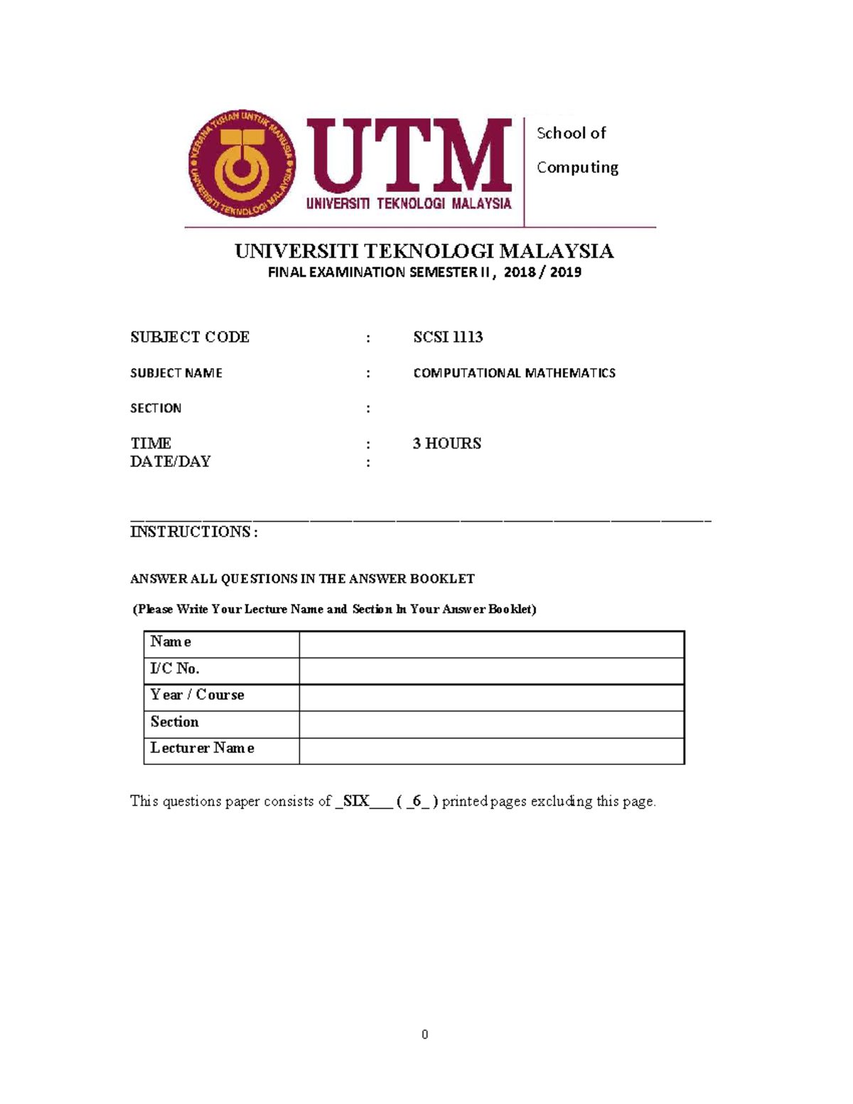 SCSI Computational Mathematics Final Exam 2018/2019 - Studocu