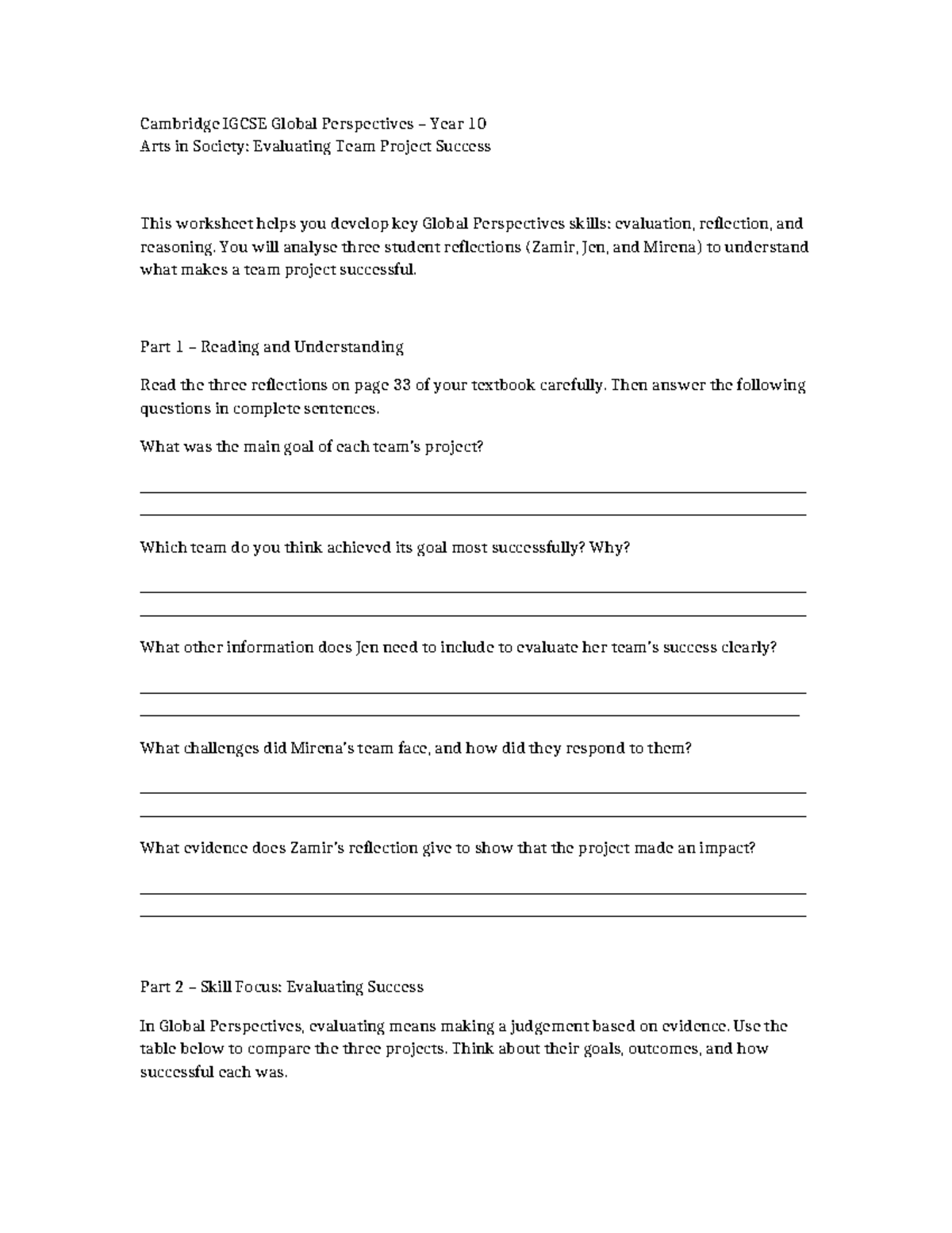Cambridge IGCSE Global Perspectives Year 10: Evaluating Team Project ...