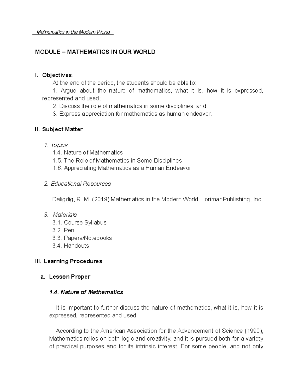 Module - Math in Our World: Understanding Its Nature and Role - Studocu