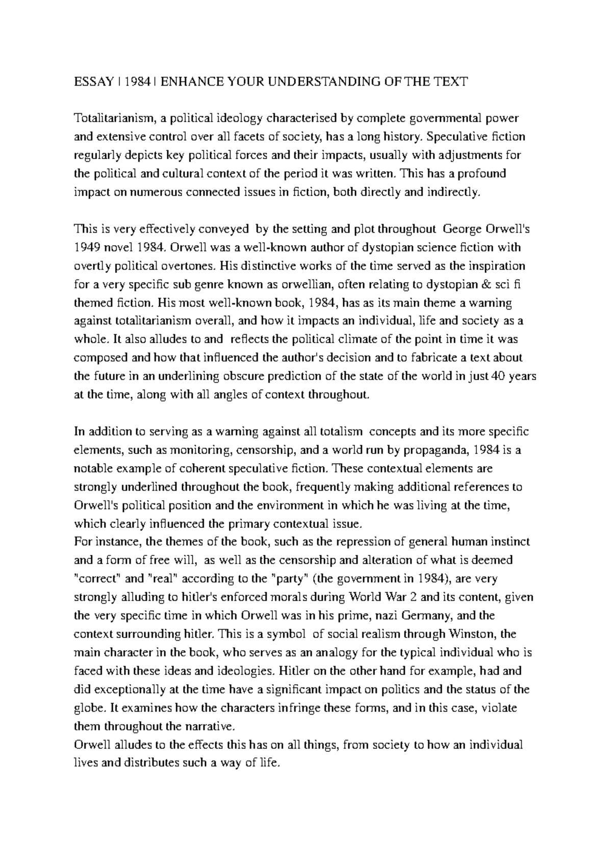 1984 Essay: Analyzing Totalitarianism in Orwell's Dystopia - Studocu