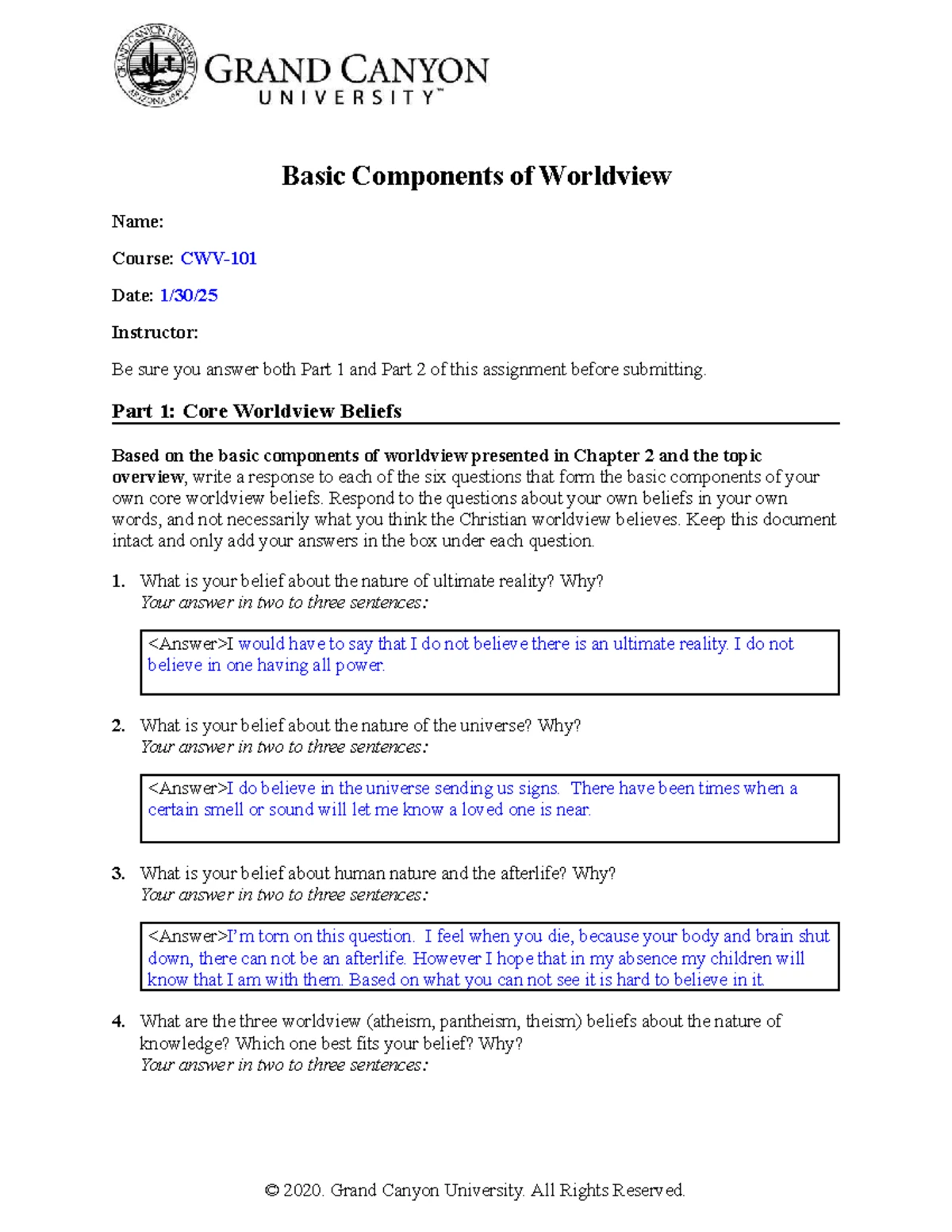 CWV- Final Exam: Analyzing Components of Personal Worldview - Studocu