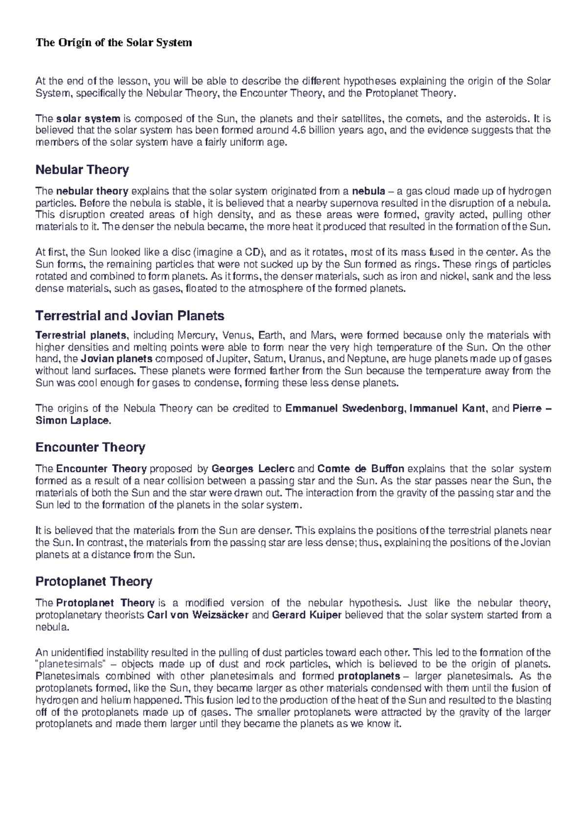 Theories Explaining the Origin of the Solar System - Lesson Notes - Studocu