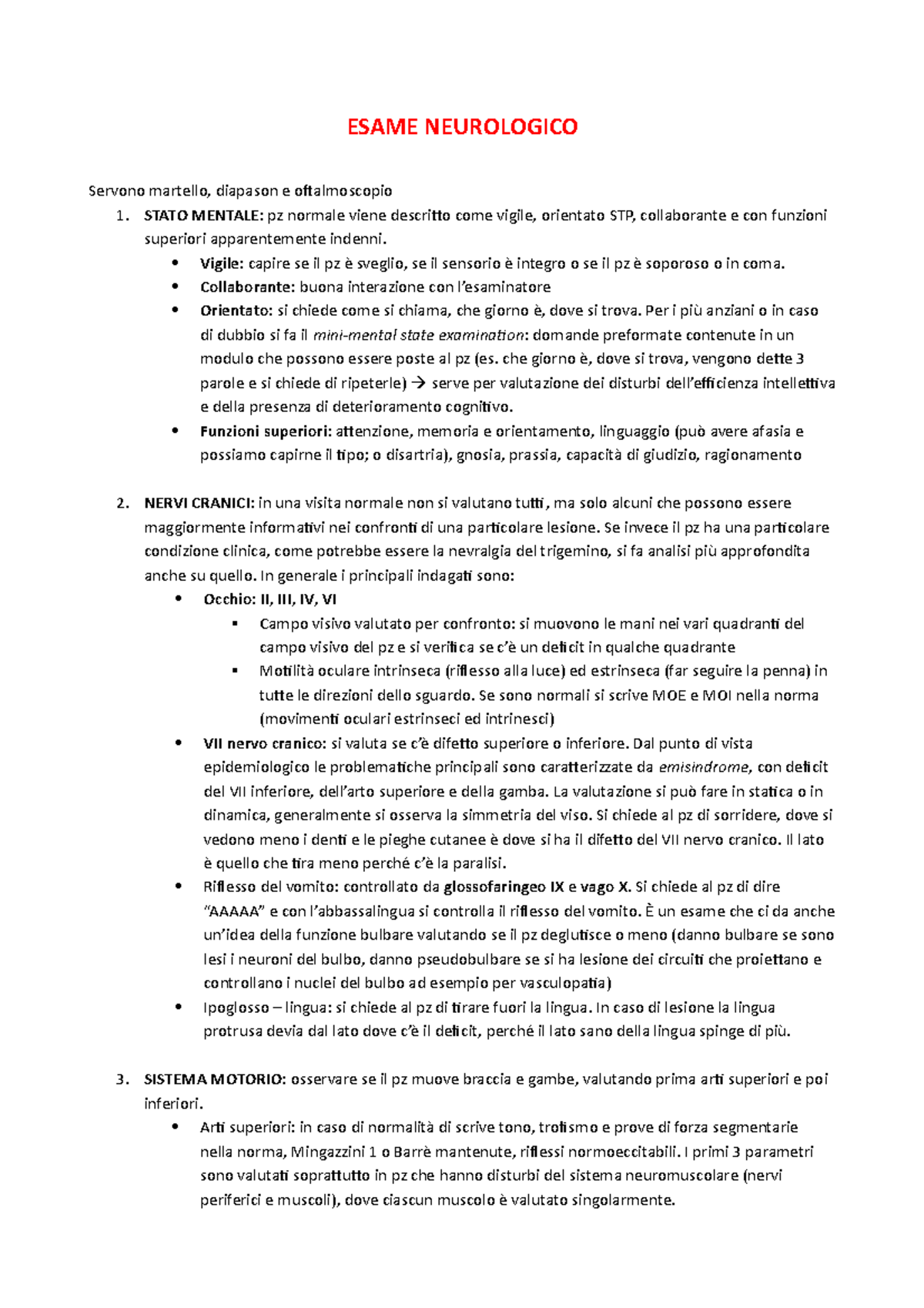 Esame Neurologico Completo: Valutazione e Protocolli Essenziali - Studocu