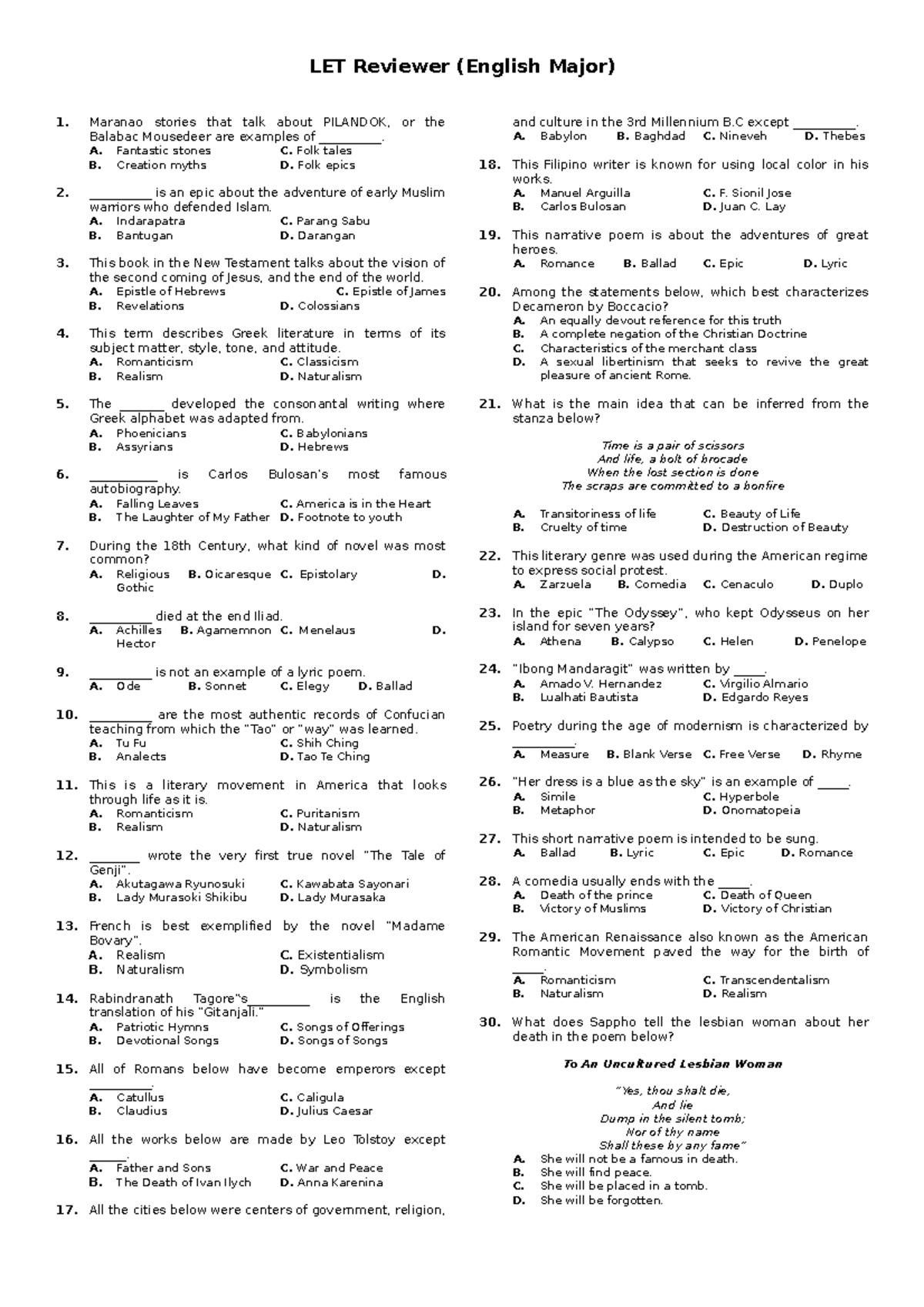 English Literature Major Exam Reviewer (ENGL 101) - Studocu