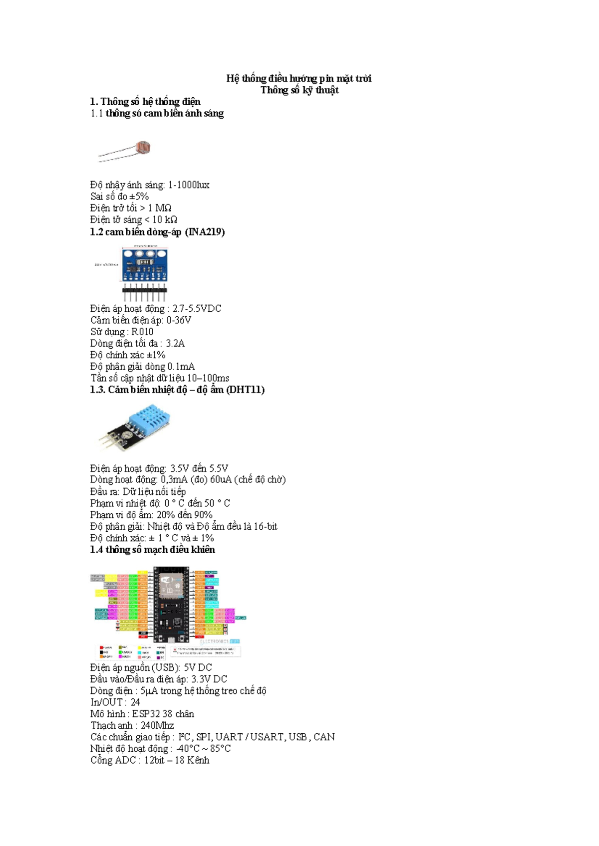 Thông số kỹ thuật Hệ thống điều hướng pin mặt trời (ESP32) - Studocu