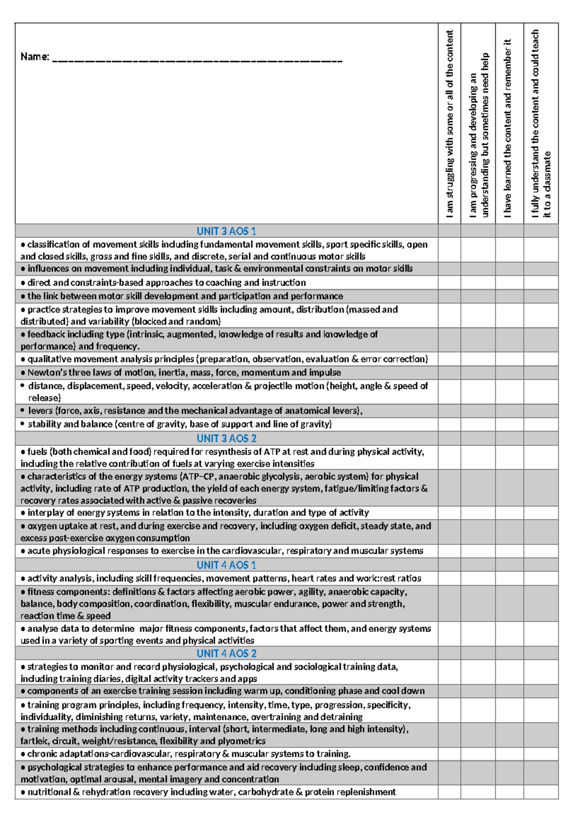 UNIT 3 & 4 AOS Exam Checklist: Movement Skills & Energy Systems - Studocu