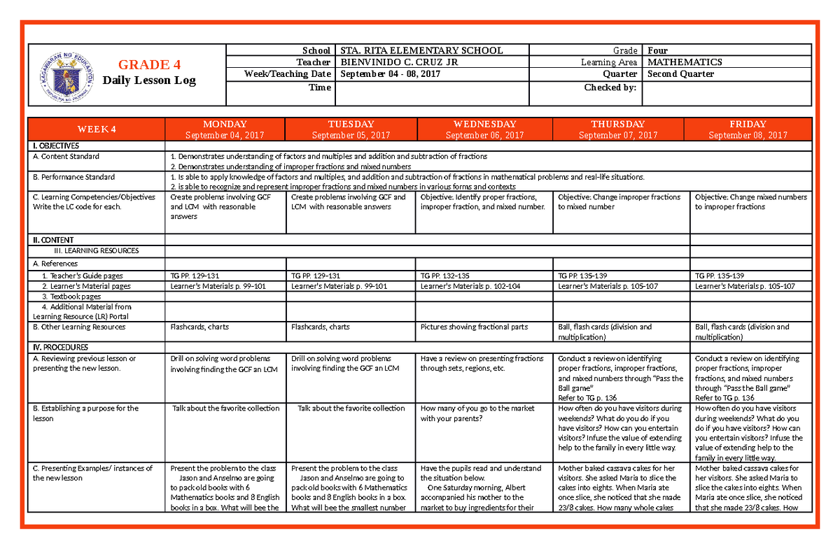 Grade 4 DLL Q2 Week 4: Math & EPP Lesson Plans by Sir Bien Cruz - Studocu