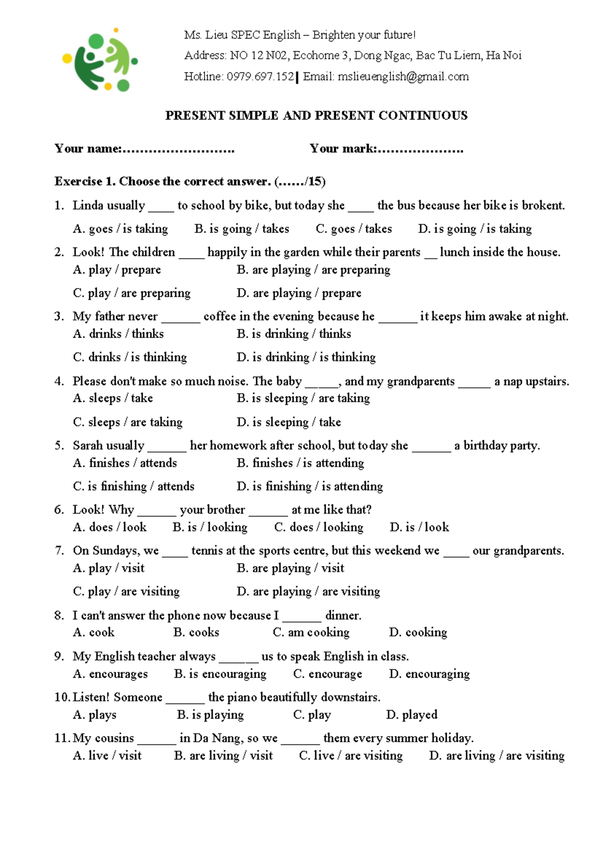 SPEC English: Present Simple vs. Present Continuous Exercises - Studocu
