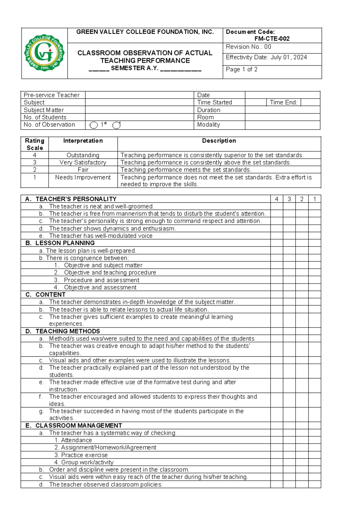 Classroom Observation of Teaching Performance for Internship A.Y. 2024 ...