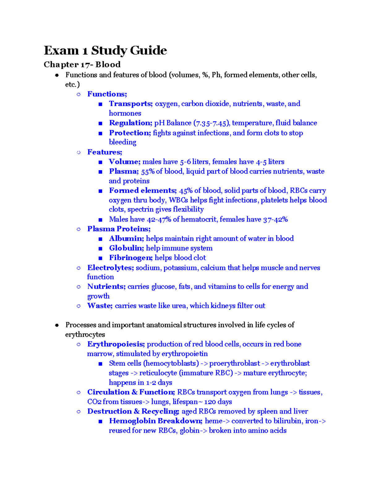 BMS 508 Exam 1 Study Guide: Blood Functions and Anatomy Overview - Exam ...