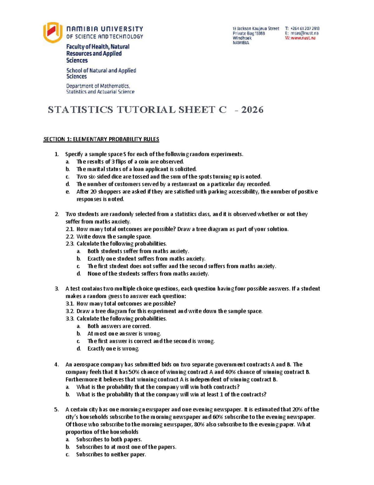 Statistics Tutorial Sheet C - 2026: Elementary Probability Rules - Studocu