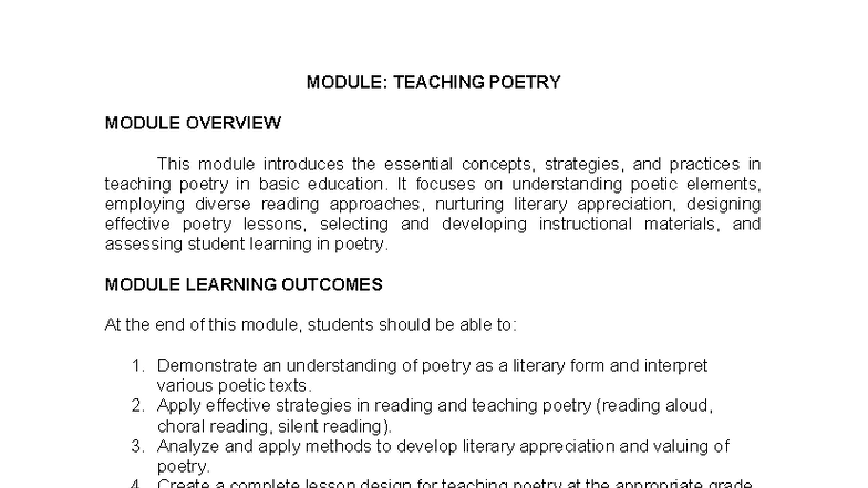 MODULE: TEACHING POETRY - STRATEGIES & LESSON DESIGN - Studocu