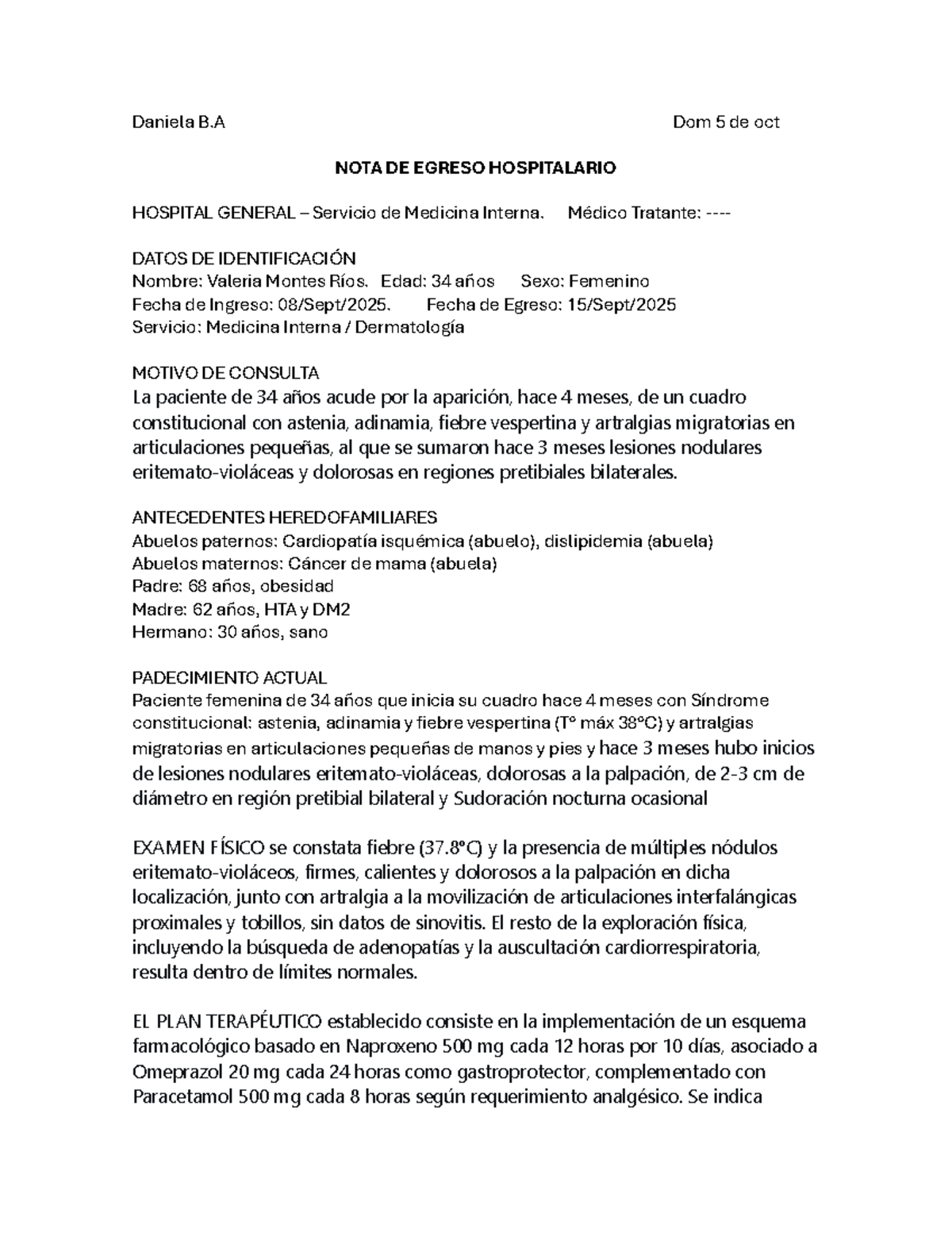 Nota de Egreso Hospitalario - Medicina Interna - Valeria Montes Ríos ...