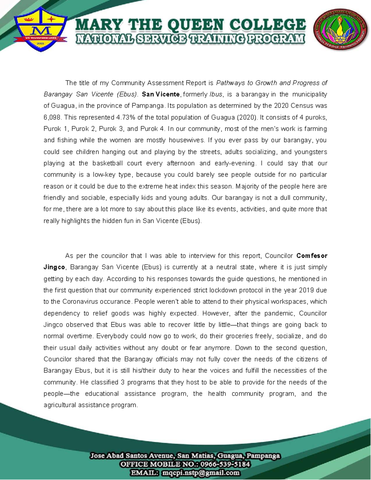 NSTP Final Output - Community Assessment Report - The title of my ...