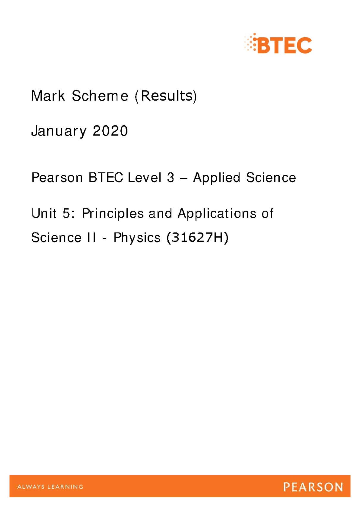 Mark Scheme (Results) Jan 2020 BTEC Level 3 Applied Science Unit 5 ...