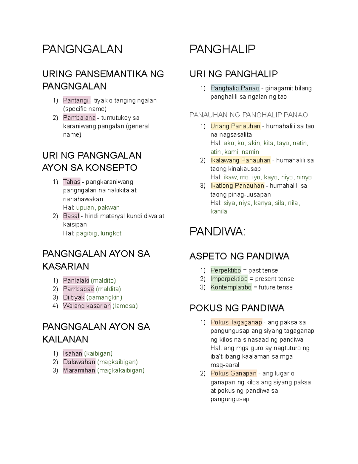 PANGNGALAN AT PANGHALIP: KONSEPTO AT URI (Filipino C10) - Studocu