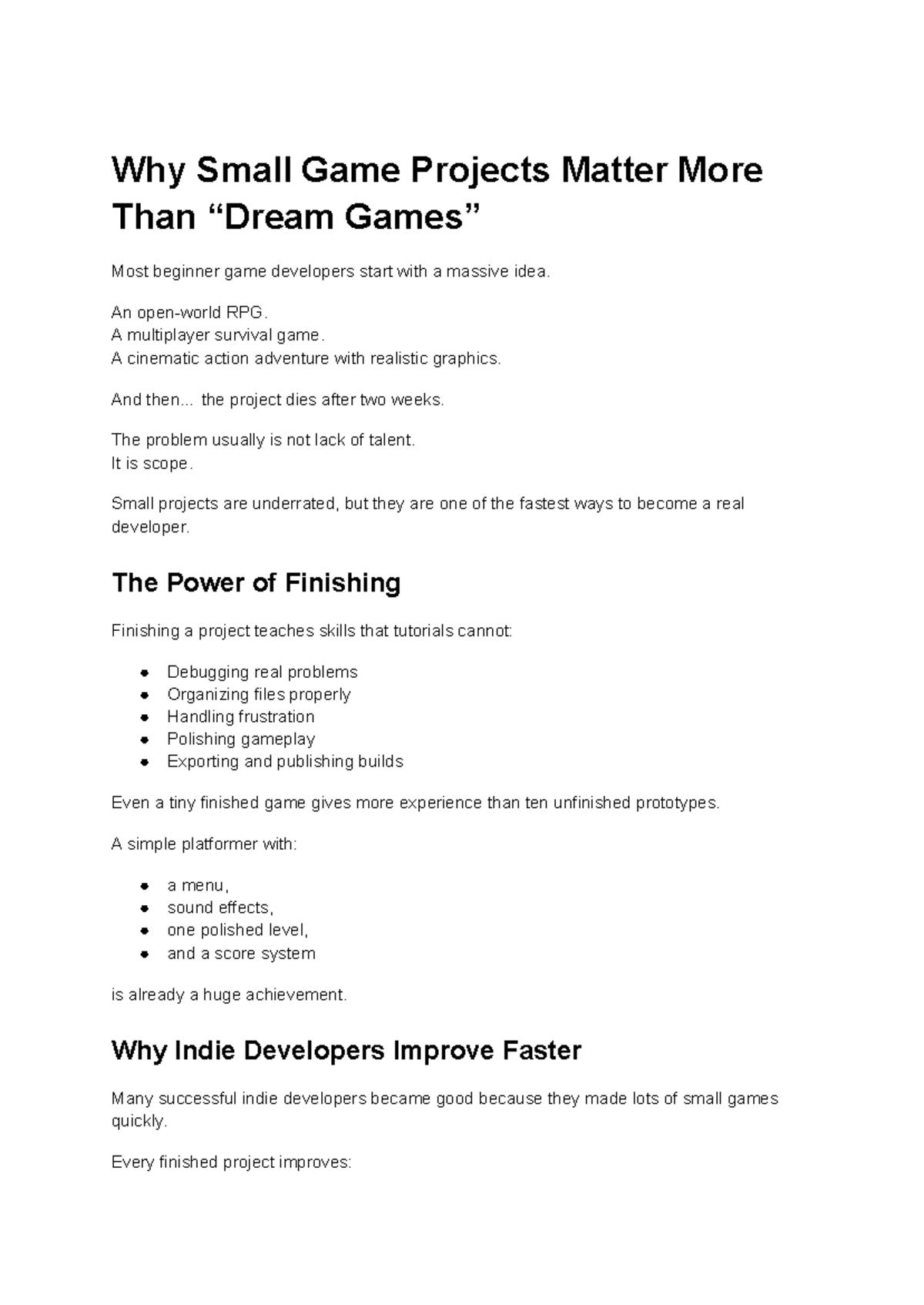 The Importance of Small Game Projects for Beginners - Studocu