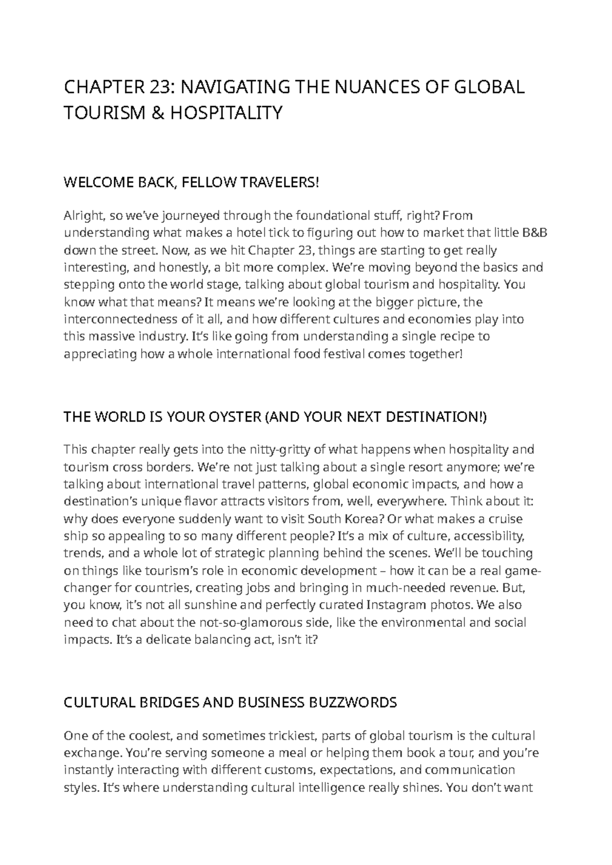 CHAPTER 23 REVIEW: GLOBAL TOURISM & HOSPITALITY INSIGHTS - Studocu