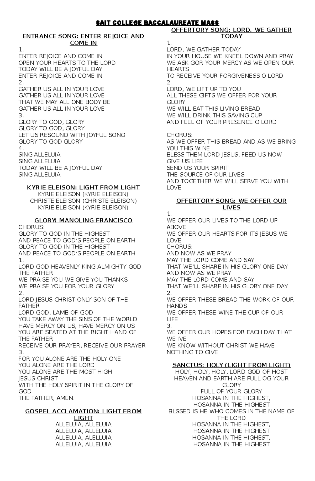 SAIT COLLEGE BACCALAUREATE MASS SONGS AND PRAYERS - Studocu