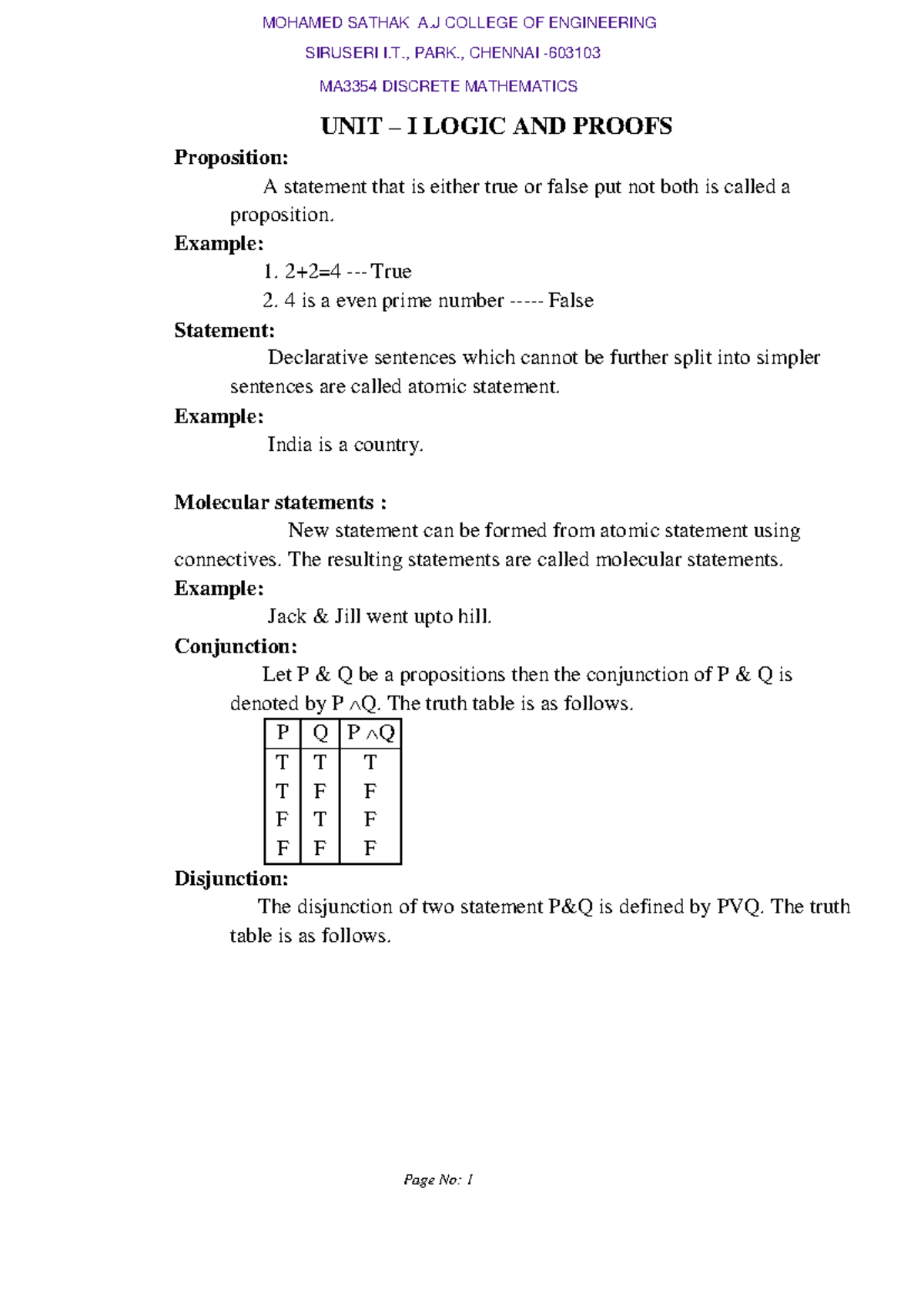 MA3354 Discrete Mathematics Unit I: Logic and Proofs Notes - Studocu