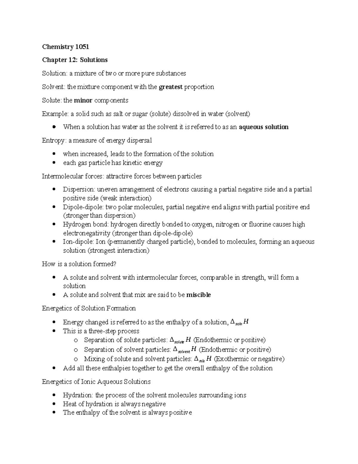 Chemistry 1051 Chapter 12: Solutions Overview and Key Concepts - Studocu