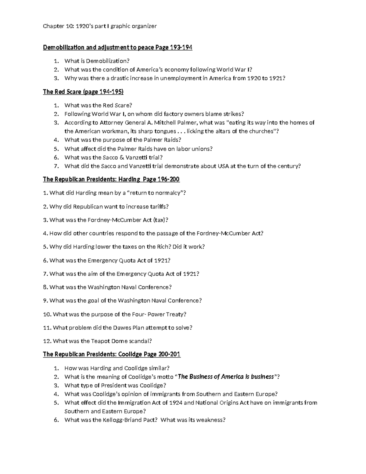 Chapter 10: 1920s Part I - Demobilization, Red Scare & Republican ...