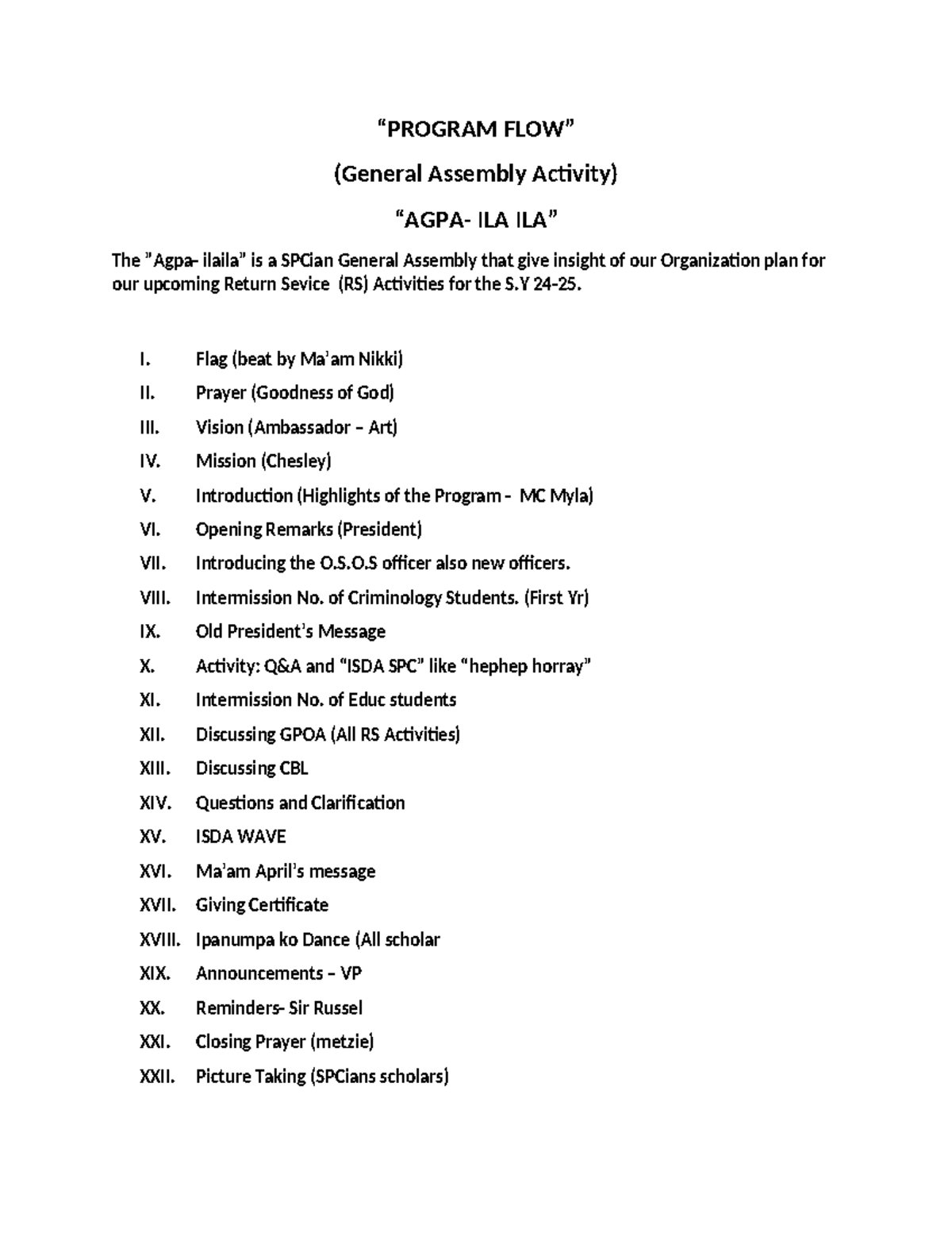 AGPA-ILA ILA Program Flow for SPCian General Assembly Activities - Studocu