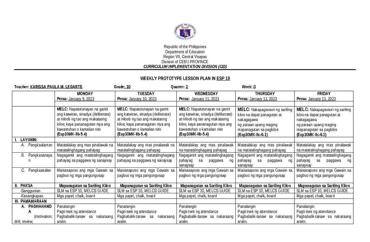 ESP 10 Weekly Lesson Plan: Jan. 2-6, 2023 - Pananagutan sa Kilos - Studocu