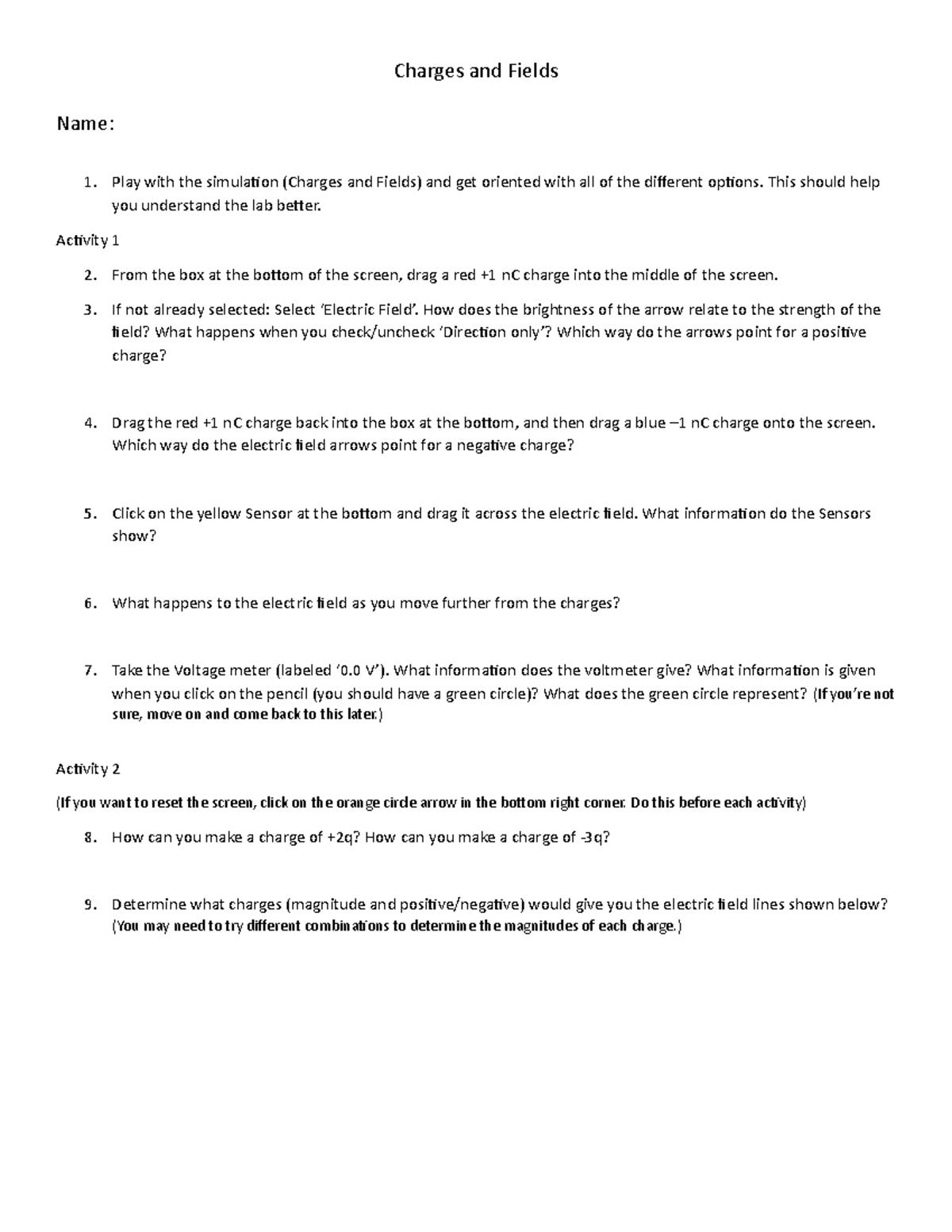 Charges and Fields Lab 1: Exploring Electric Forces and Potentials - Studocu