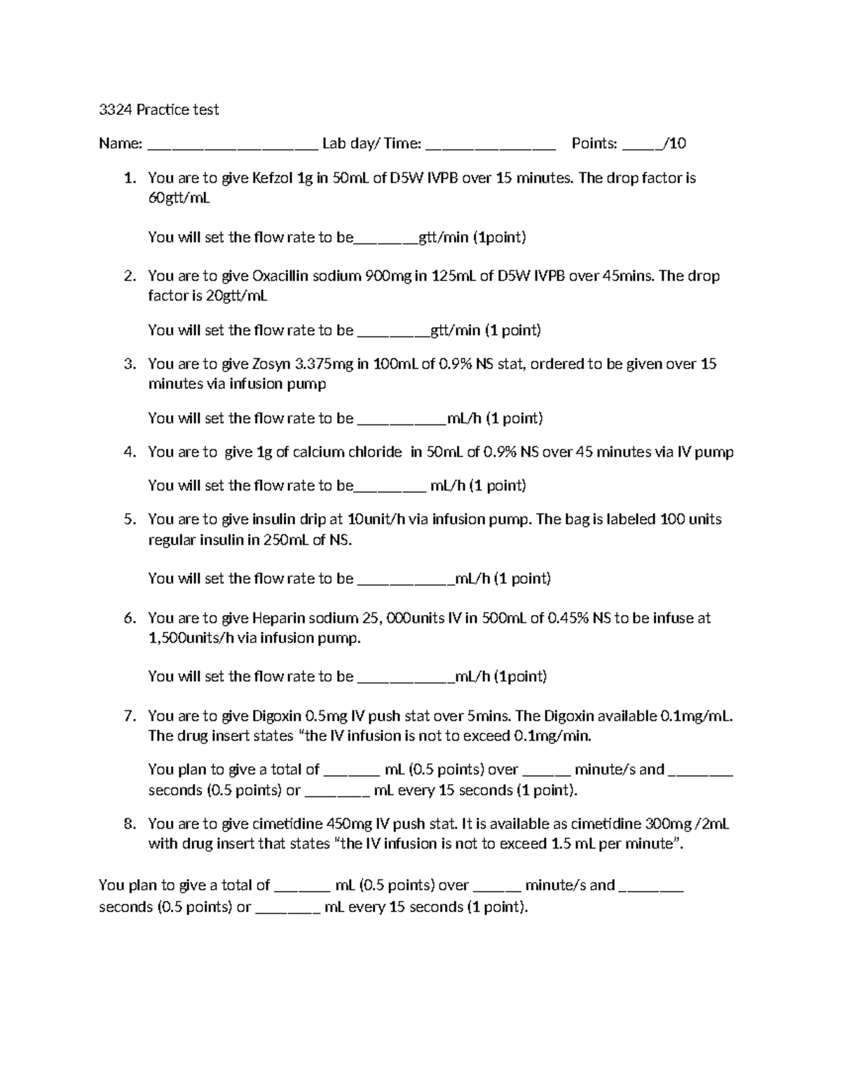 Medication Math Practice: IV Flow Rate Calculations for Test 3324 - Studocu