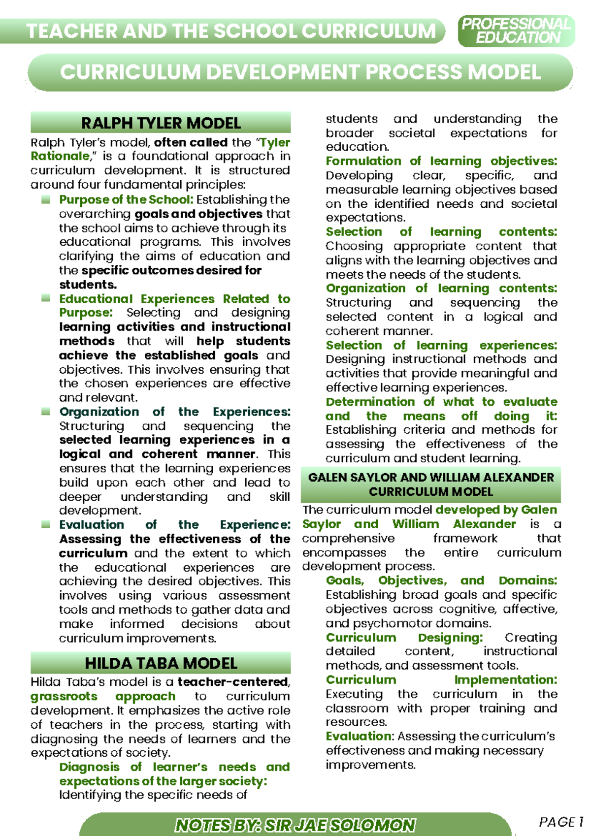 Curriculum Models: Ralph Tyler, Hilda Taba, Saylor & Alexander - Studocu