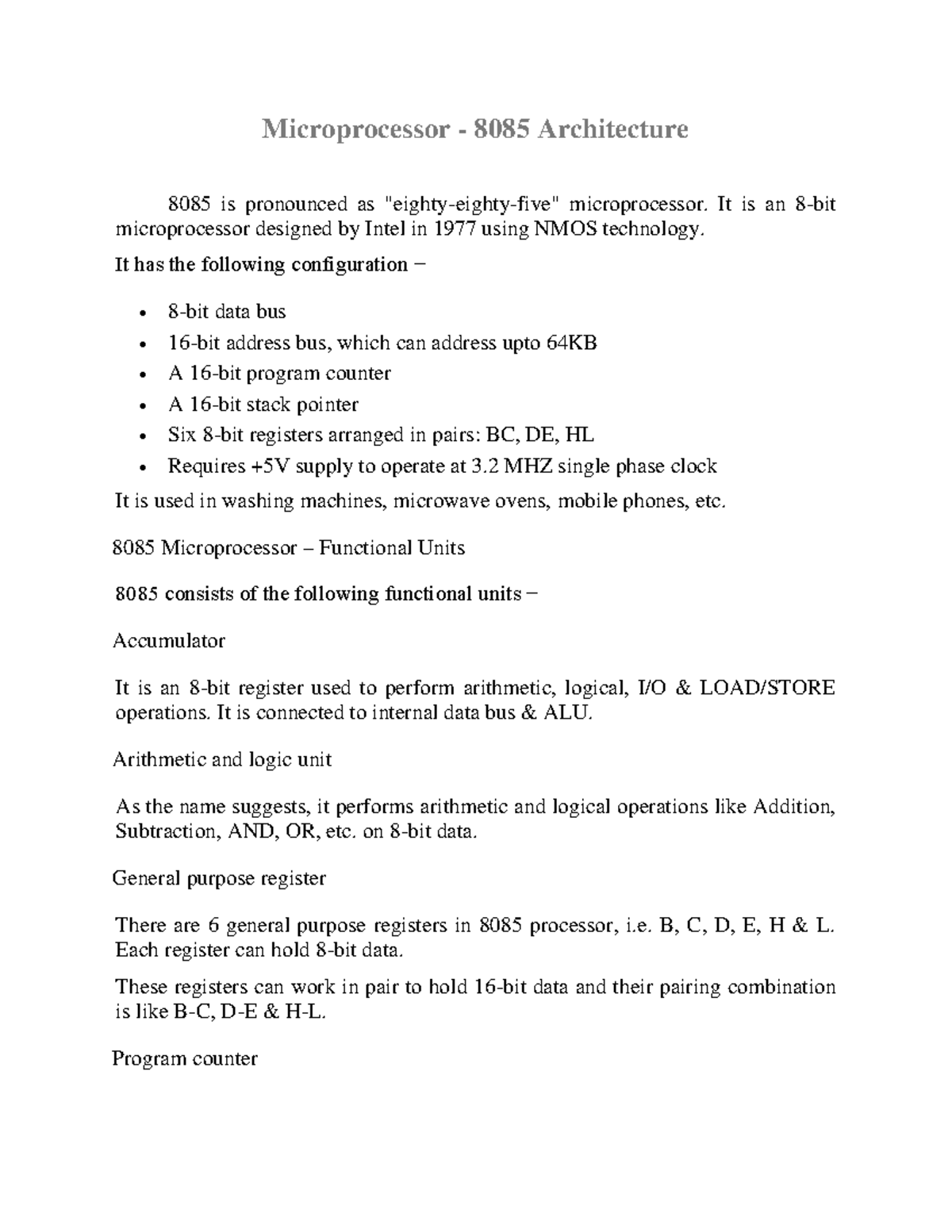 Microprocessor 8085 Architecture Overview - MP 8085 - Studocu