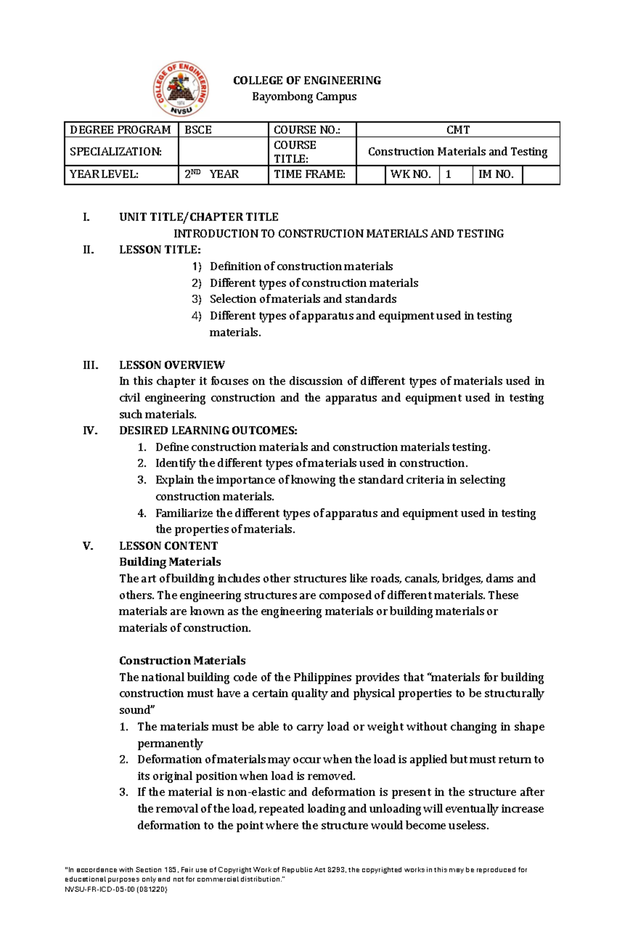 CMT 2nd Year Module 1: Introduction to Construction Materials and ...