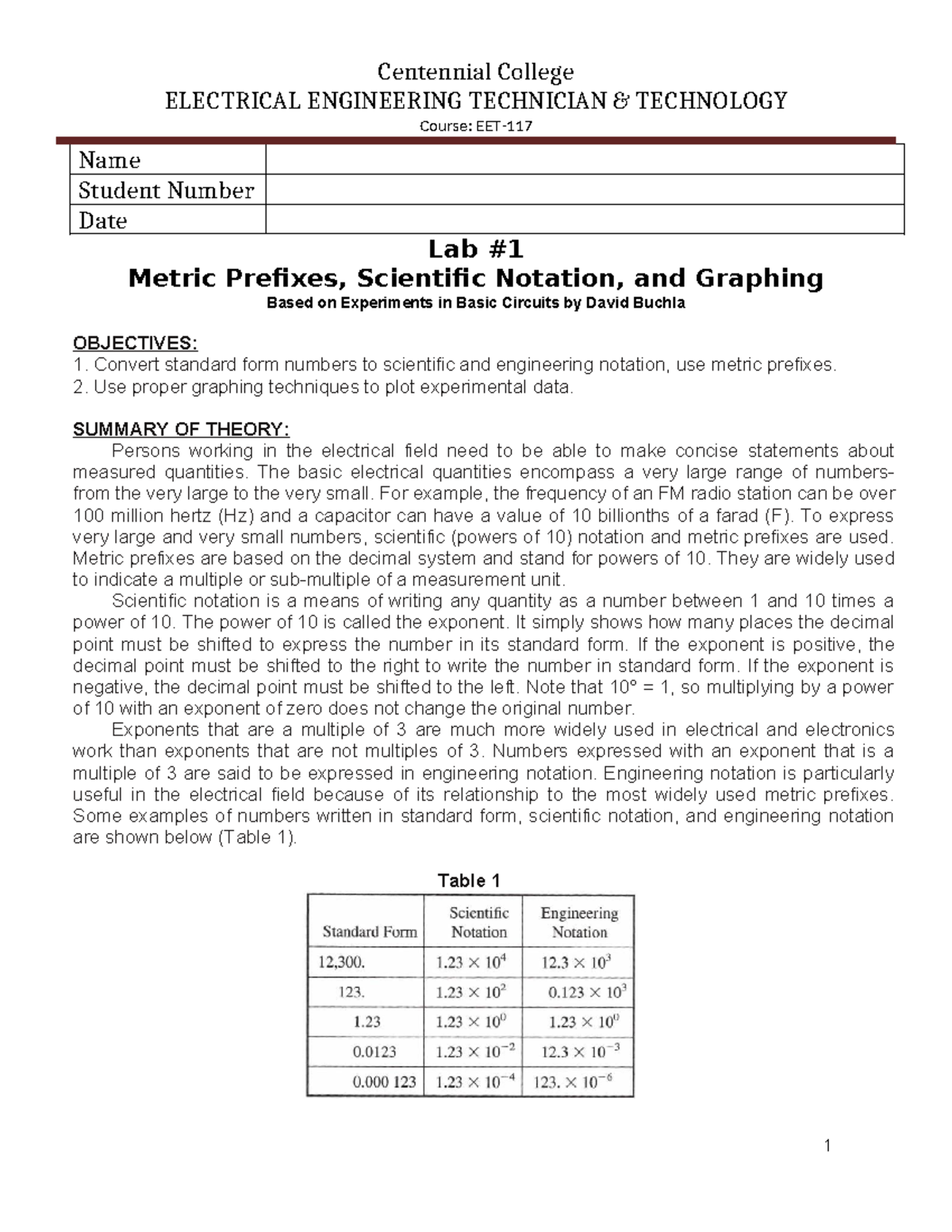 EET-117 Lab 1: Metric Prefixes, Scientific Notation & Graphing ...