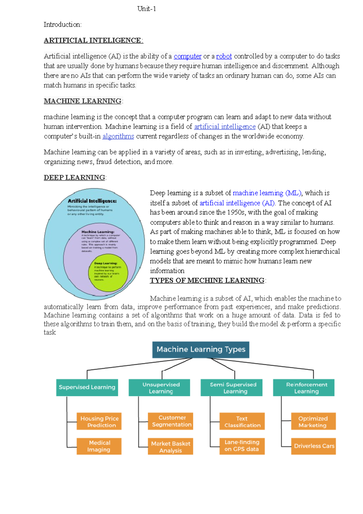 Machine Learning Unit - 1: Overview of AI, ML, and Learning Types - Studocu